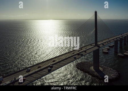 Aerial view of Sunshine Skyway, Tampa Bay Florida, USA. Big steel cable ...