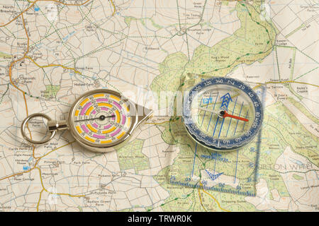 Compass on Ordnance Survey map of Kent England August Stock Photo - Alamy