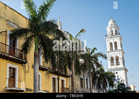 The Cathedral of Veracruz towers above the palm trees lining the Plaza ...