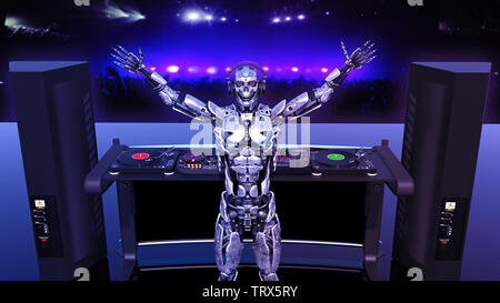 DJ Robot, disc jockey cyborg with hands up playing music on turntables ...