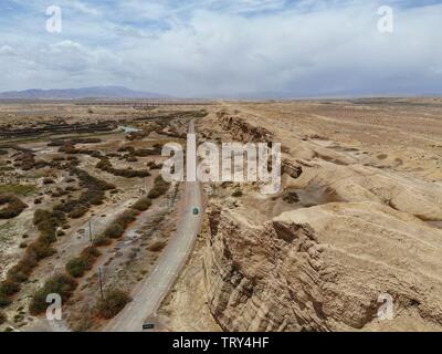 The midair view of the landscape in Delingha. Delingha is a city in ...