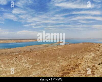 The midair view of the landscape in Delingha. Delingha is a city in ...