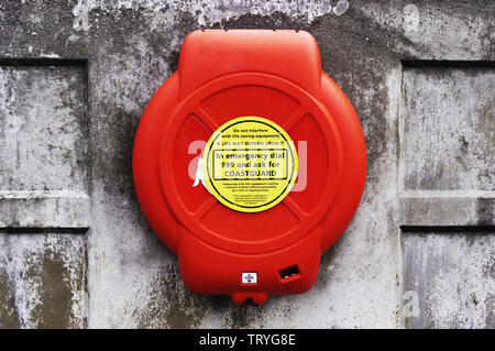 Lifebouy container on the seafront wall at Bispham, north of Blackpool ...