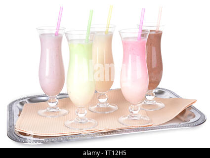 Milk shakes on tray isolated on white Stock Photo - Alamy