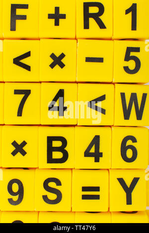 Educational cubes with different numbers and letters isolated on white ...