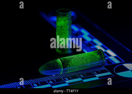 Forensic fluorescent fingerprint evidence on live and dead 0.38 inch ...