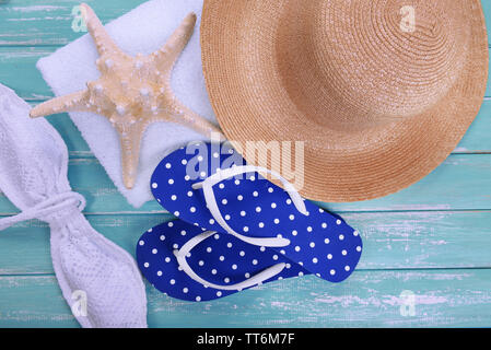 Summer items on wooden background Stock Photo - Alamy