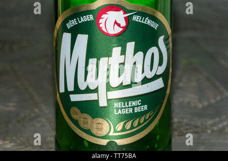 Glass and bottle of Mythos Hellenic beer, Greece Stock Photo - Alamy