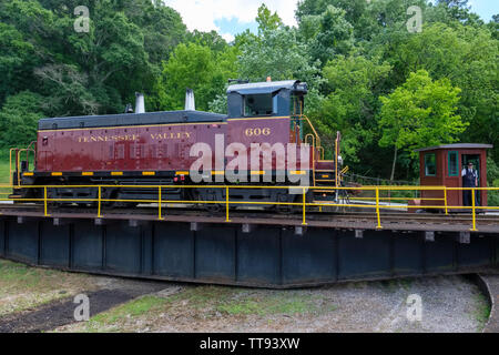 Turning a diesel locomotive on a working restored railroad turntable ...