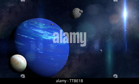 planet Neptune with its moon Triton and some other moons (3d space ...