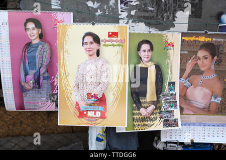 Aung San Suu Kyi posters on the street in Yangon, Myanmar Stock Photo ...