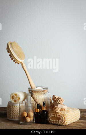Variety of natural bath tools on wooden table Stock Photo - Alamy
