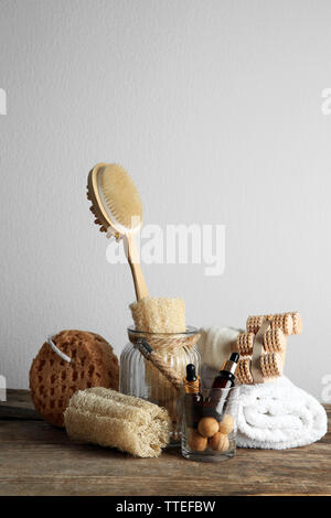 Variety of natural bath tools on wooden background Stock Photo - Alamy