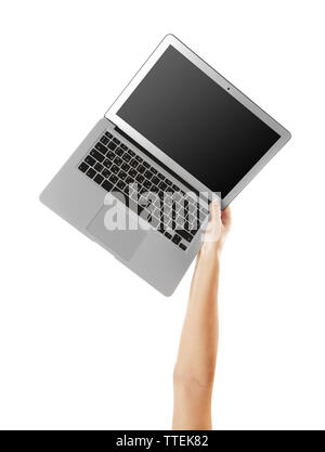 Modern laptop in hands isolated on white background Stock Photo - Alamy