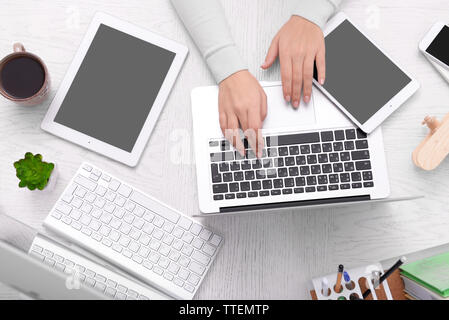 Concept of using electronics. Businesswoman works at office. Computer ...