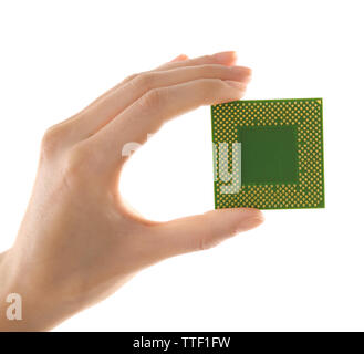Male hand holding microprocessor on white background Stock Photo - Alamy