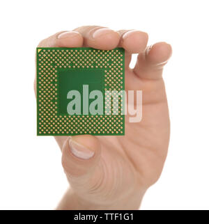 Male hand holding microprocessor on white background Stock Photo - Alamy