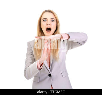Young beautiful girl shows timeout, isolated on white Stock Photo - Alamy