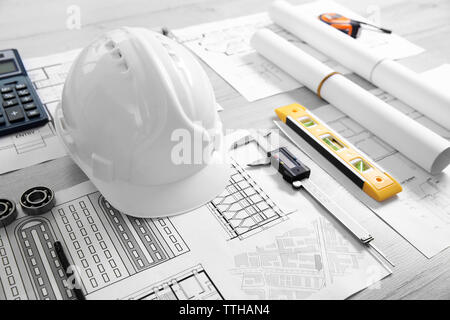 Project drawings and tools, close up Stock Photo - Alamy