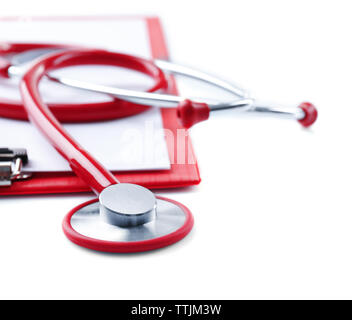 Red stethoscope and prescription isolated on white Stock Photo - Alamy