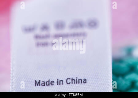 Made in China clothing label stitched into garment. For Chinese export ...