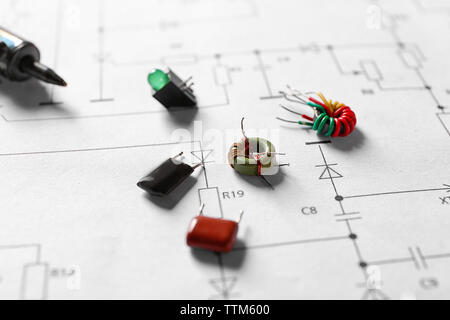 Electronic components on engineering drawings Stock Photo - Alamy