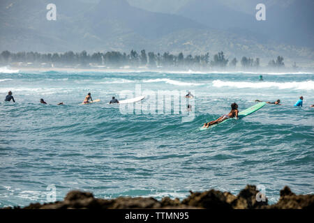 HAWAII, Oahu, North Shore, individuals surfing at Puaena Point Beach ...