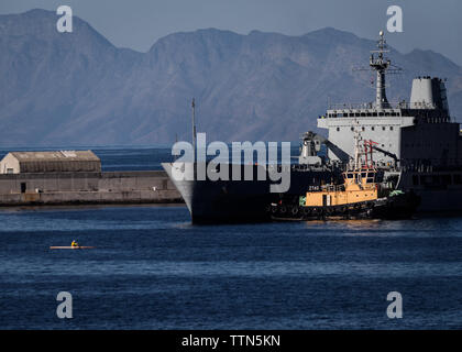 The SAS Drakensberg fleet replenishment ship arrives at the Simons Town ...