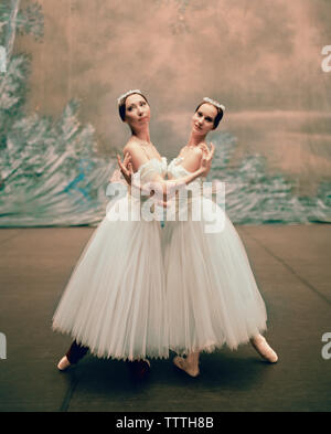 RUSSIA, Moscow, two young Bolshoi ballerinas practicing before a performance at the Bolshoi ...