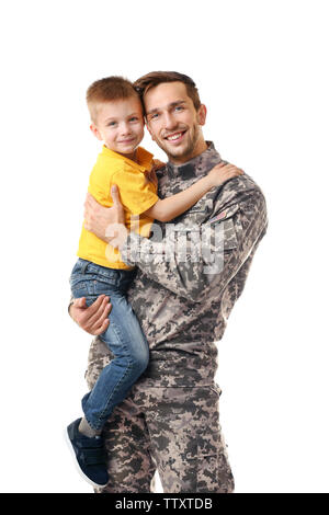 Military father with his son on white background Stock Photo - Alamy