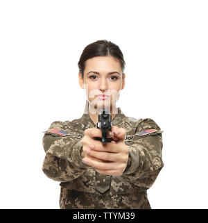 Beautiful young woman soldier with a pistol and rifle Stock Photo - Alamy
