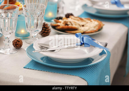 Beautiful table setting for Hanukkah celebration, top view Stock Photo - Alamy