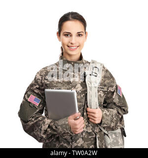 Female soldier with tablet and backpack on light grey background ...