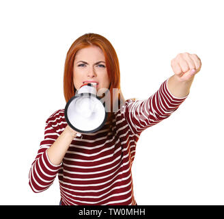 Young woman with megaphone on light background Stock Photo - Alamy