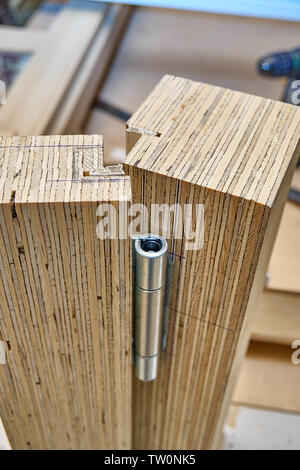 Wood door manufacturing process. Door hinge installation. Woodworking ...