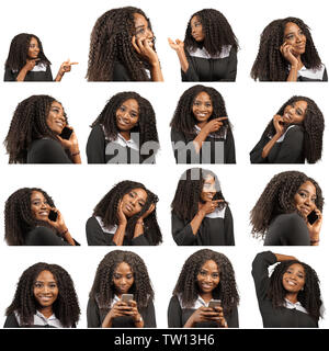 Collage of young woman with afro hair over isolated white background ...