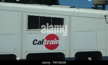 Close up of Caltrain logo on transit sign at commuter rail station, San ...
