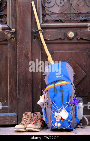 Pilgrim's backpack and shoes on the Way of Saint James (Camino de ...