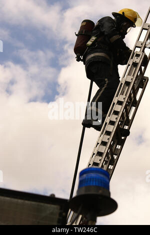 fire fighter climbing 13.5m ladder Stock Photo - Alamy