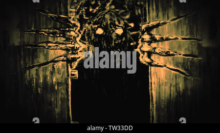 Enraged zombie monster opens bunker doors and growls. Illustration in ...