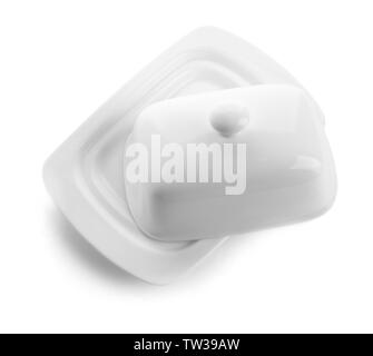 Empty butter dish on white background Stock Photo - Alamy