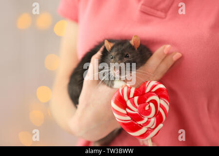 Female hand with lollipop and cute rat against defocused lights Stock ...