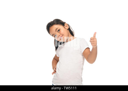 happy kid with thumb up presenting product on yellow background with ...