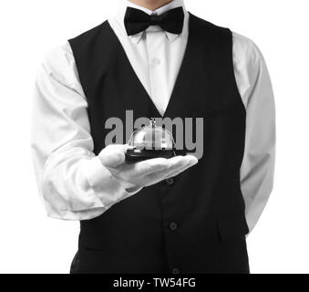 Man holding bell on white background Stock Photo - Alamy