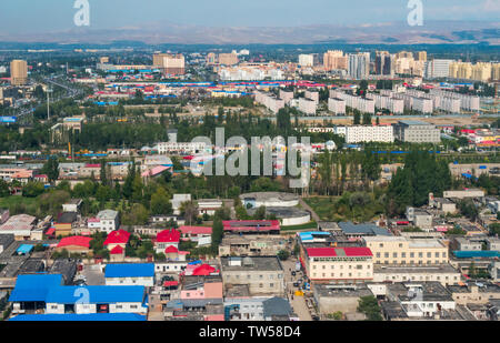 CHINA province Xinjiang, aerial view of city Kashgar and river Kashgar ...