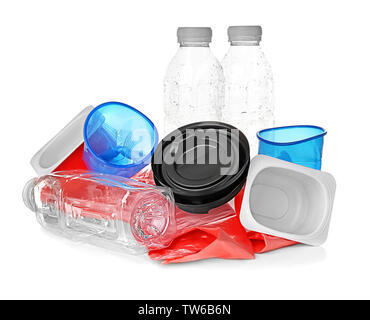 Pile of waste plastic bottles and yogurt pots food packaging awaiting ...