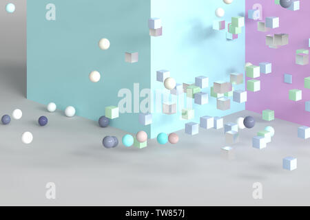 Scattered balls with squares light color background, 3D rendering Stock ...