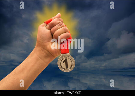 1st position award Ribbon in hand, banner background Stock Photo - Alamy