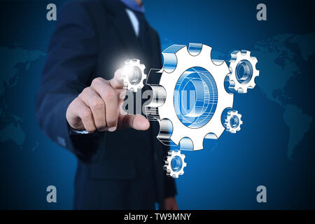 businessman showing gears cogs to success concept Stock Photo - Alamy
