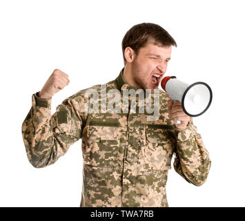 Angry military man shouting into megaphone on white background Stock ...